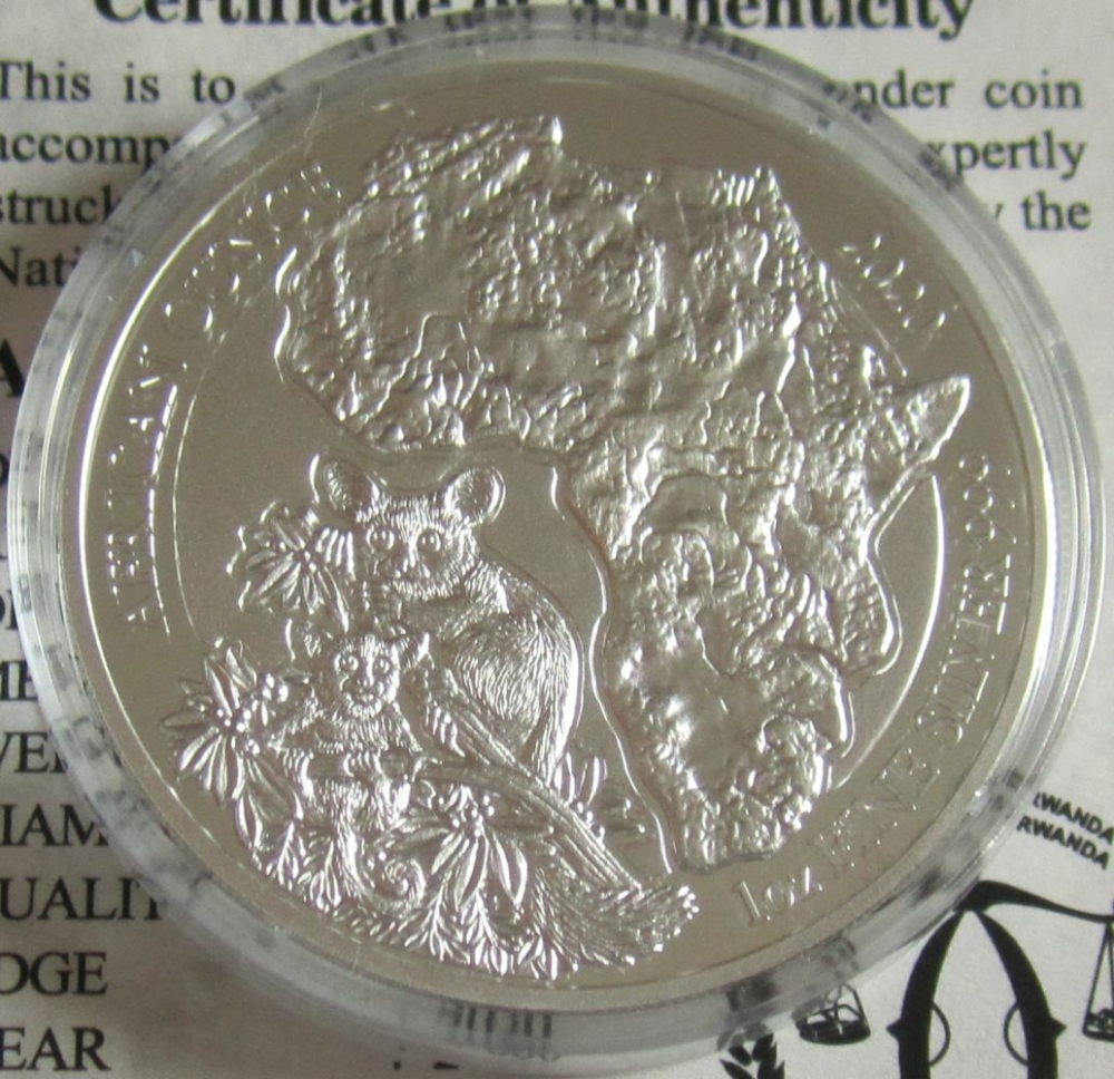 Rwanda 50 Amafaranga 2020 Wildlife Galago / Bushbaby 1 Oz Silver Proo ...