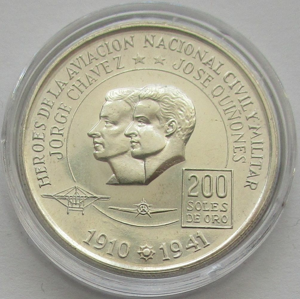 Peru 200 Soles de Oro 1975 Jorge Chavez & Jose Quinones Silver - Mago ...