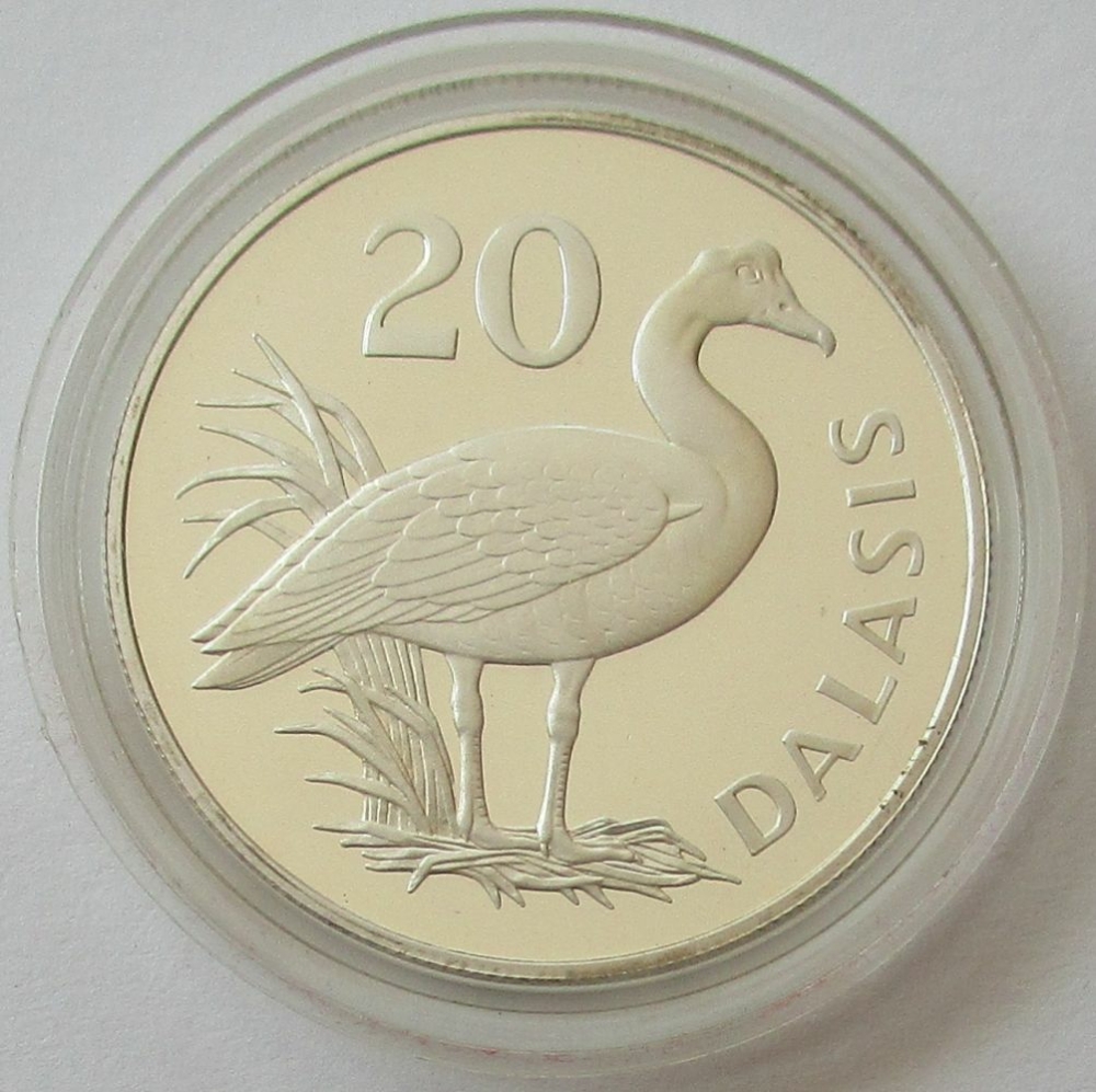 Gambia 20 Dalasis 1977 15 Years WWF Spur-Winged Goose Silver Proof ...