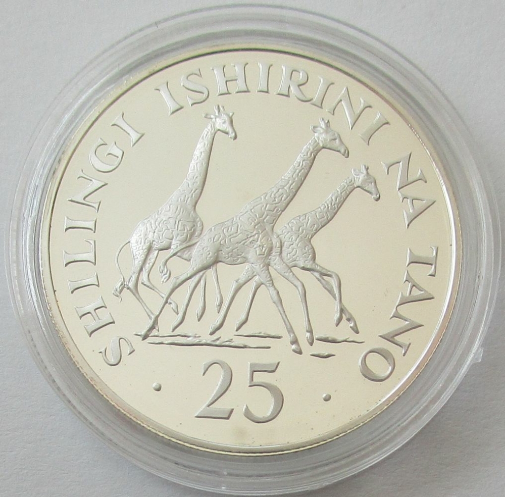 Tanzania 25 Shilingi 1974 15 Years WWF Giraffe Silver Proof - Mago-Mu ...