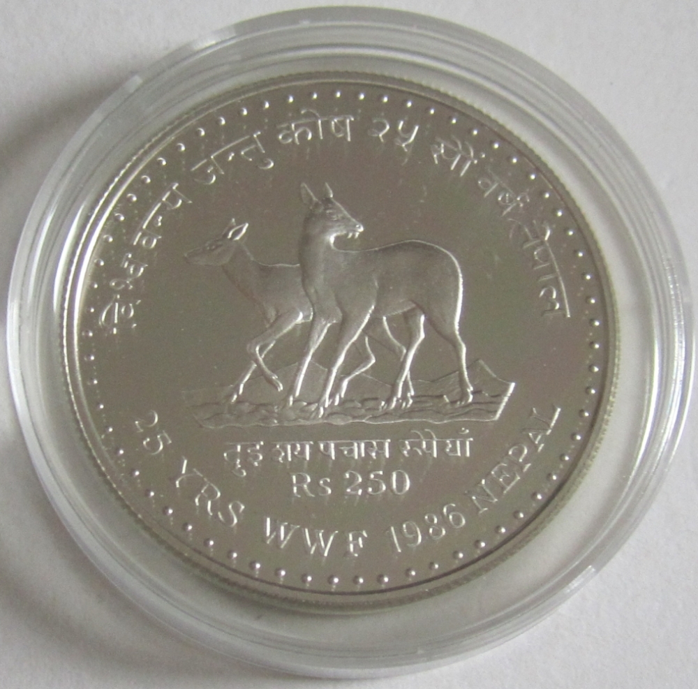 Nepal 250 Rupees 1986 25 Years WWF Siberian Musk Deer Silver - Mago-M ...